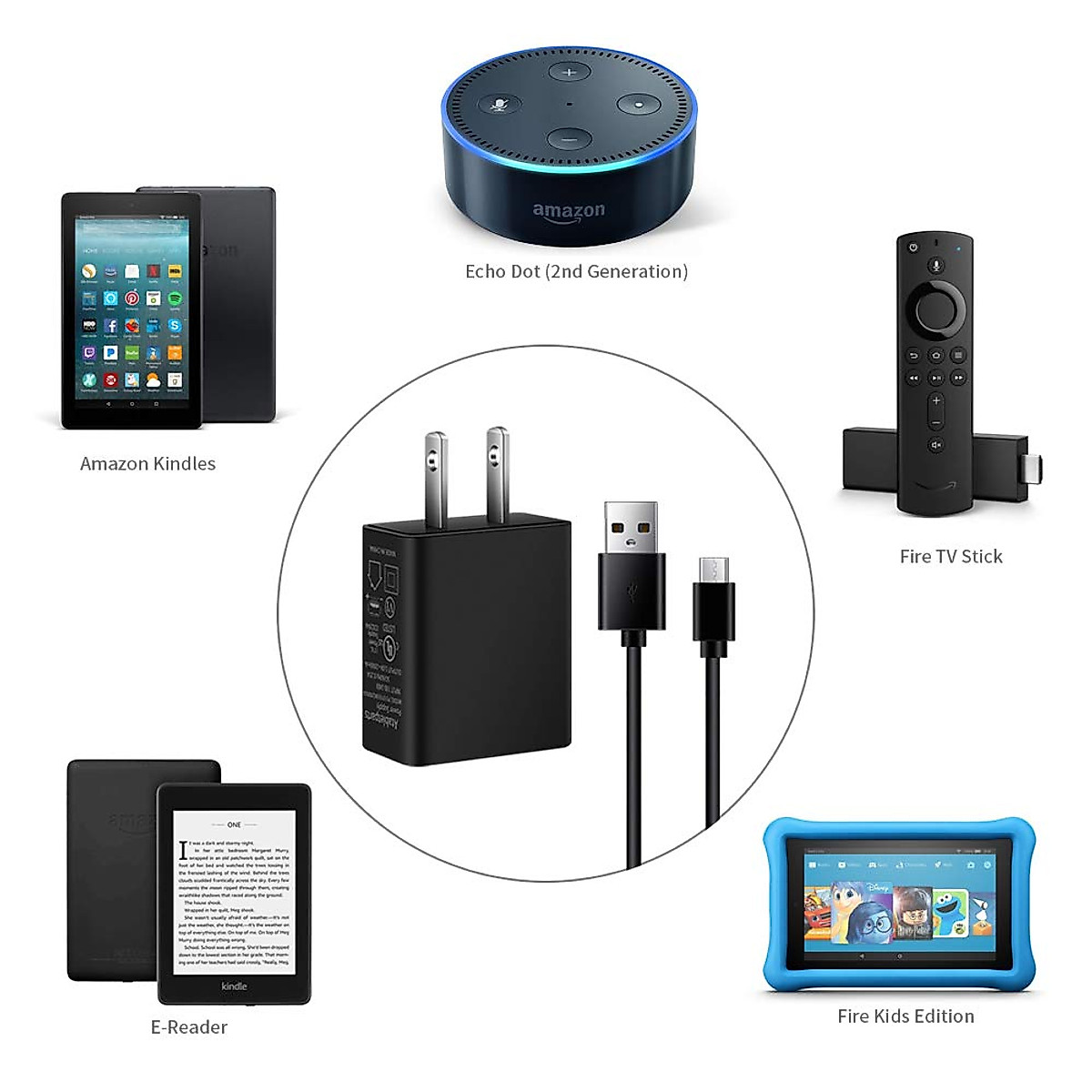 Fast Charger Fit for Kindle Fire 8 Tablet,with 5Ft Type-C Micro USB Cable for Charging All New HD 8 Tablet,Fire HD 8Plus/Kids/Kids Pro