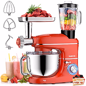 Stand Mixer, BABROUN 6 IN 1 Multifunctional Electric Kitchen Mixer with 6.5QT Stainless Steel Bowl, 1.5L Glass Jar, Meat Grinder, Dough Hook, Whisk, Beater, 6 Speeds Food Mixer for Baking Mixing