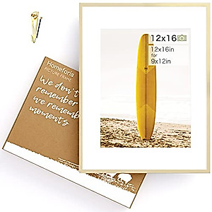 Homeforia - 12x16 inch Metal Picture Frame - 12 x 16 Aluminum Photo Frames - 12x9 Mat - Tempered Glass - Wall Hook Included - Set of 1 - Gold