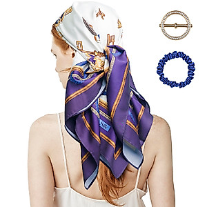 Annika Silk Silk Scarf for Women Elegantly Designed Lightweight 35'' x 35'' Hair Scarf for Sleeping with Hand Seam Silk Scrunchie and Scarf Ring (Navy Blue)