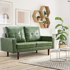 PEIHONGET Faux Leather Sofa Couch, Mid Century Modern Sofas for Living Room with High-Density Foam, Loveseat Sofa Furniture with Solid Wood Legs & Padded Cushions for Bedroom, Apartment (Green)
