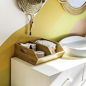 Merlin's Market Space-Saving Bamboo Organizer Bin - Polished 14'' Aesthetic Wood Basket with Ergonomic handles & non-slip feet Spacious box declutters your Kitchen, Bathroom, Bedroom and More