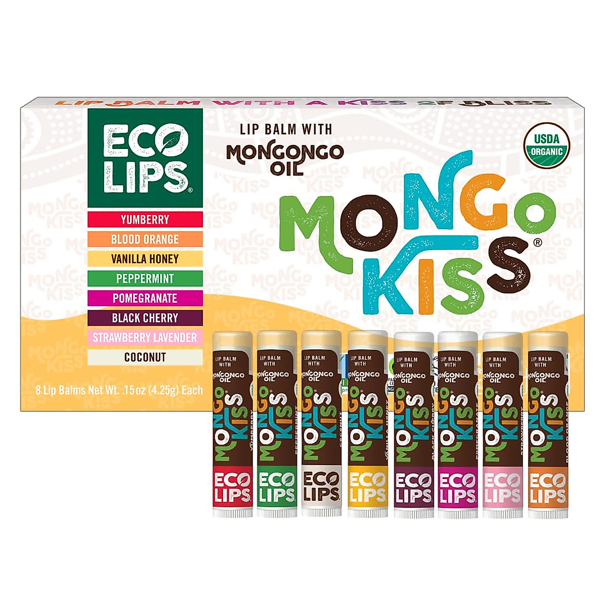 Eco Lips Mongo Kiss Certified Organic Lip Balm Variety 8-pack with Mongongo Oil & Cocoa Butter to Moisturize Dry Chapped Lips | Made in USA