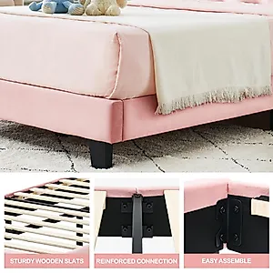 GAOMON Pink Twin Bed Frame for Girls, Upholstered Platform Bed Frame with Headboard, Strong Wooden Slats Support, Velvet Fabric Wrap, No Box Spring Needed, Easy Assembly (Pink)