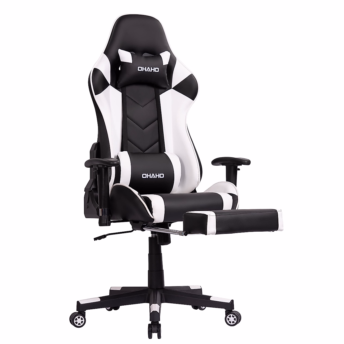 OHAHO Gaming Chair Racing Style Office Chair Adjustable Massage Lumbar Cushion Swivel Rocker Recliner High Back Ergonomic Computer Desk Chair with Retractable Arms and Footrest(Black/White)