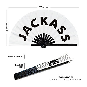 Jackass Hand Fan Foldable Bamboo Circuit Hand Fan Funny Gag Curse Words Expressions Statement Gifts Festival Accessories Rave Handheld Circuit Event Fan Clack Fans (White)