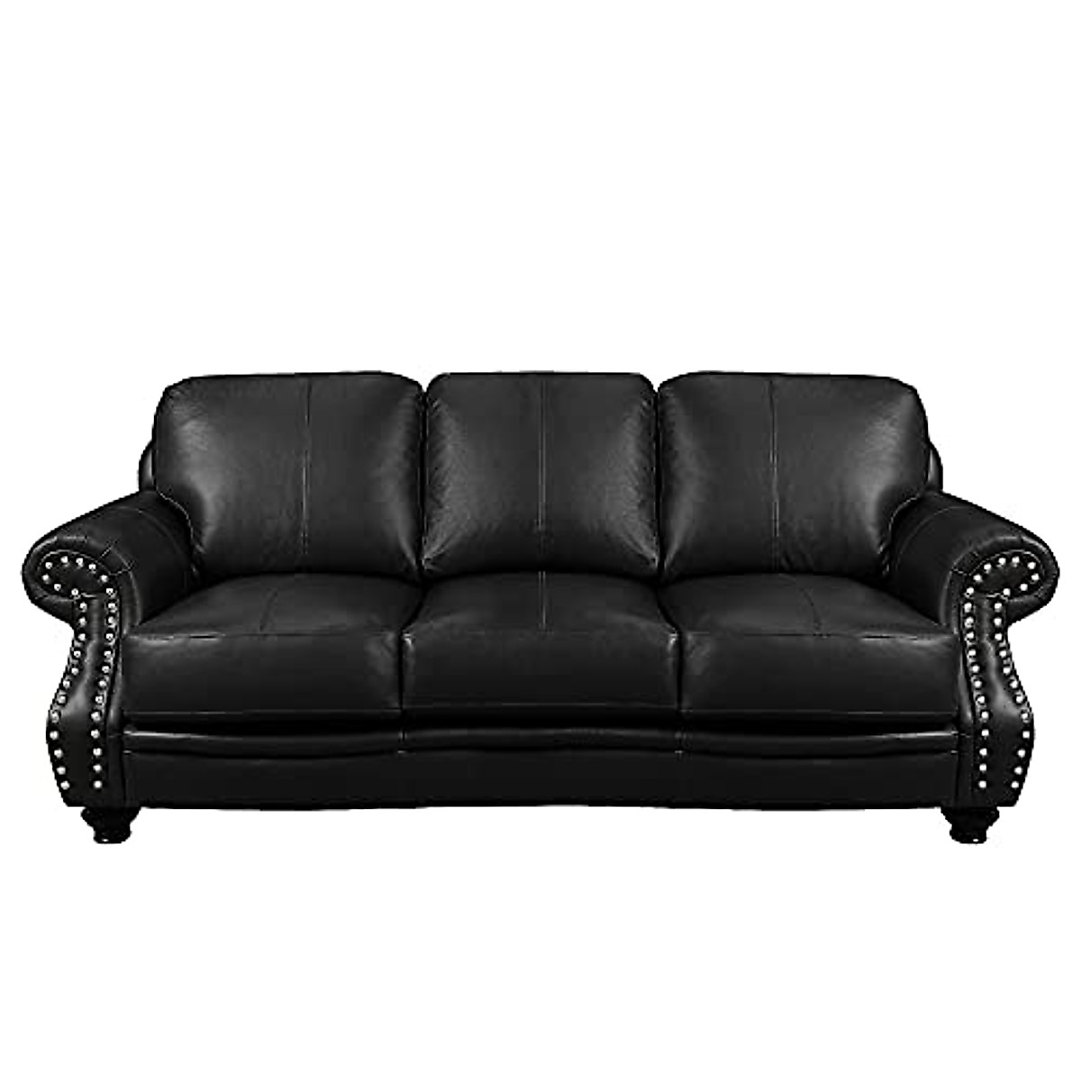 Sunset Trading Charleston 86" Wide Top Grain Leather Black 3 Seater Rolled Arm Couch with Nailheads Sofa, Classic Stationary