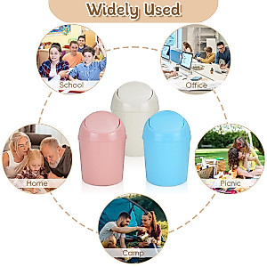 3 Pcs Mini Trash Can with Lid, Small Desktop Trash Can, Countertop Tiny Garbage Cans with 270 Trash Bags and 3 Cartoon Sticker, Portable Plastic Bin for Kitchen Home Bedroom Office (Blue, Beige, Pink)