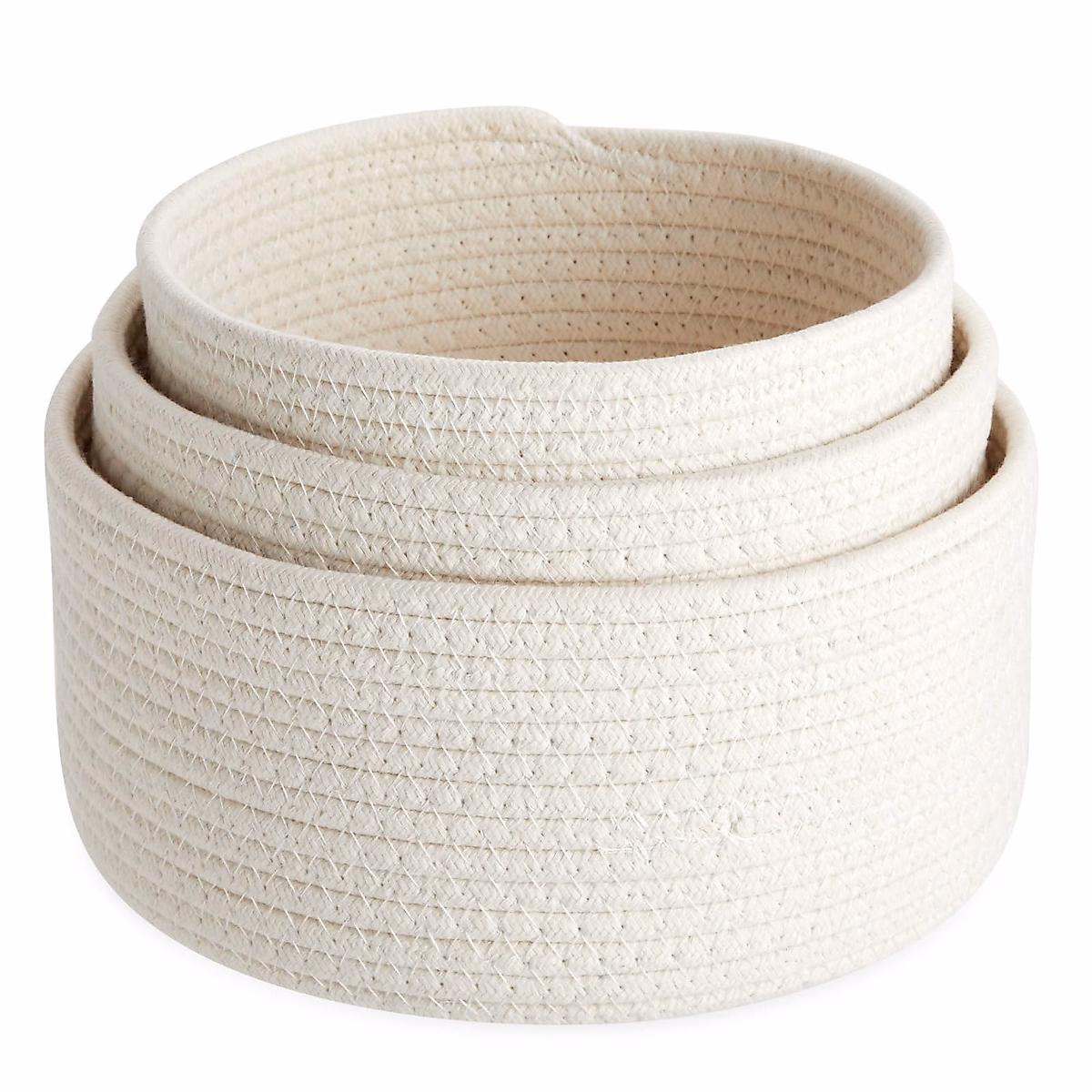 Farmlyn Creek 3 Pack Woven Baskets for Storage, Small Round Cotton Rope Organizing Bins (3 Sizes, White)
