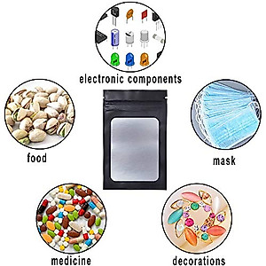 STUs 100 Pack Smell Proof Bags - 3 x 4.7 Inch Resealable Mylar Bags with Clear Window Foil Pouch Bag Flat Bag Matte Black