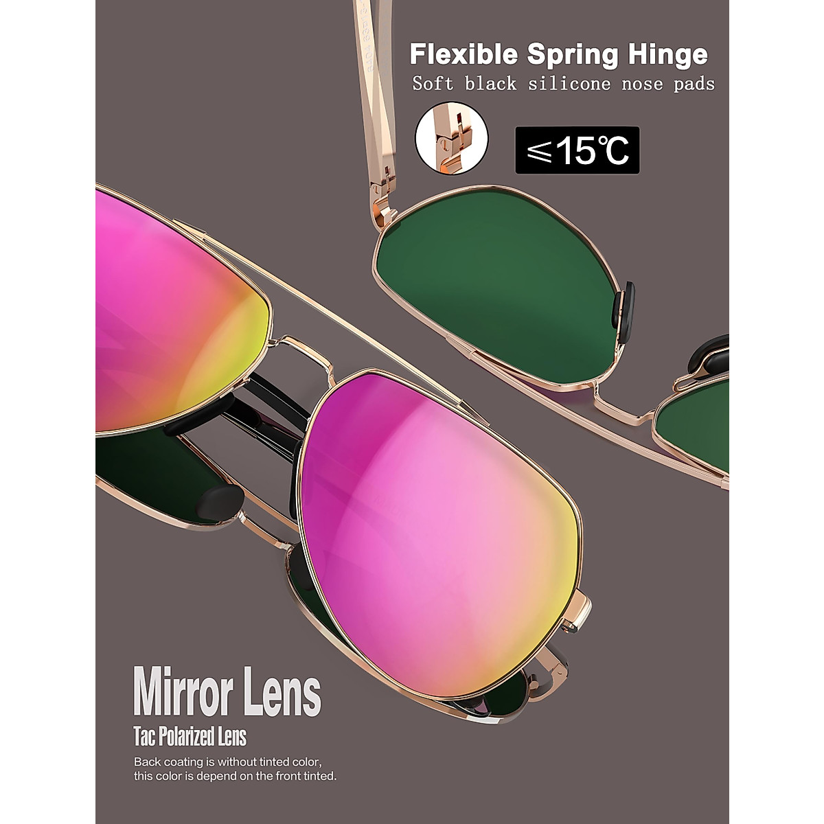 LUENX Women Aviator Sunglasses Polarized Shades Flexible Spring Hinge - Rose red Mirror Lens Rose Gold Metal Frame 60mm