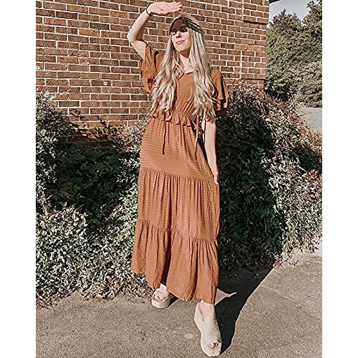 PRETTYGARDEN Womens Summer Boho Maxi Dress Short Sleeve V Neck Ruffle Trim High Waisted Tiered Party Flowy Long Dresses 2023 (Coffee, Large)