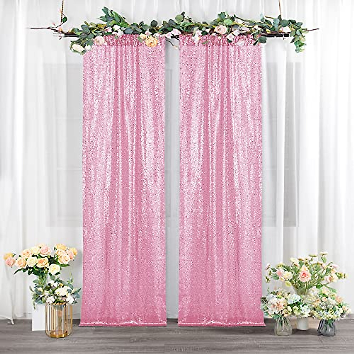 BEDDEB Pink Sequin Backdrop Curtain, 2PCS 2FTx8FT Glitter Backdrop Curtain for Christmas, Birthday, Wedding, Party Decoration