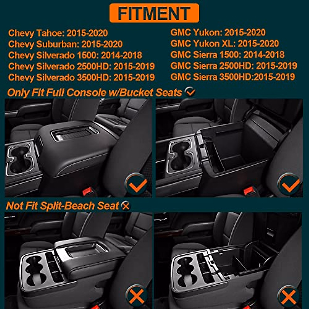 Center Console Organizer Fit for 2015-2020 Chevy Tahoe/Suburban/GMC Yukon|2014-2018 Chevrolet Silverado/GMC Sierra 1500, 2500/3500HD(2015-2019), Armrest Storage Box Tray with Coin Holder, 22817343…
