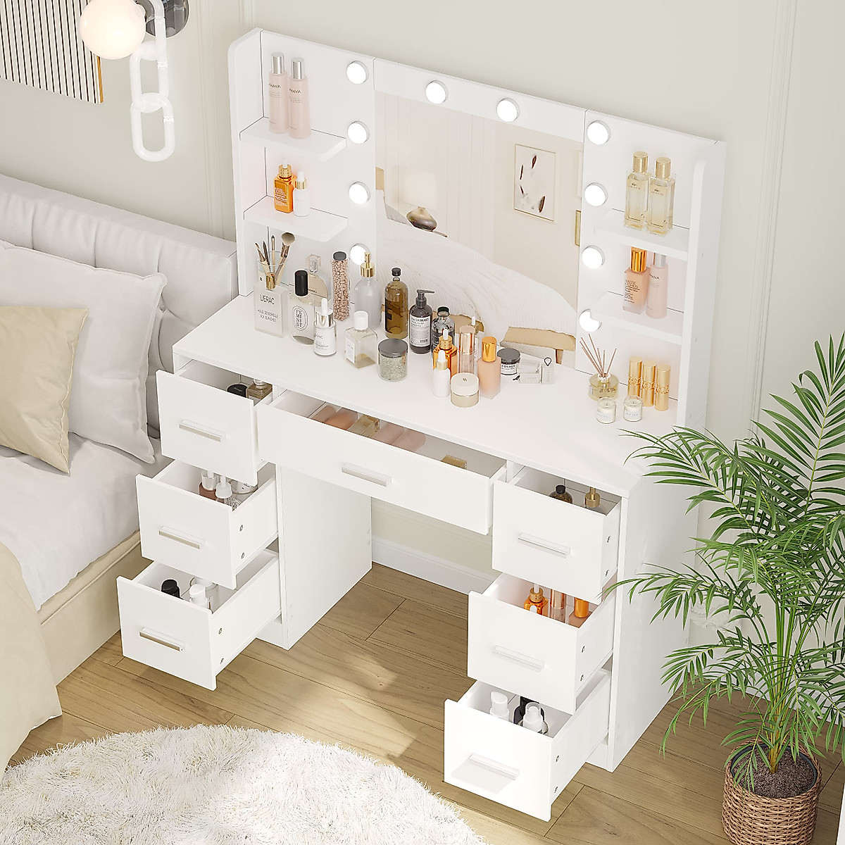 Irontar Vanity Desk, Makeup Vanity with 10 LED Lights & 7 Metal Sliding Drawers, Brightness Adjustable, Vanity Table with 6 Open Shelves, Makeup Table for Women, White WDT005W