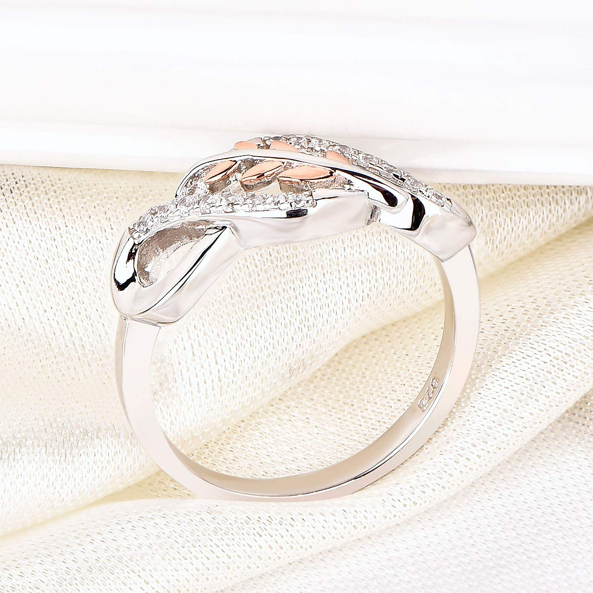 JO WISDOM 925 Sterling Silver Cubic Zirconia Rose Gold Leaf Infinity Knot Ring Size 7