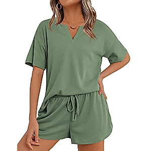 Ekouaer Waffle Knit Pajamas Set Womens Loungewear Short Sleeve Lounge Set 2 Piece PJ Sets S-XXL Grey Green