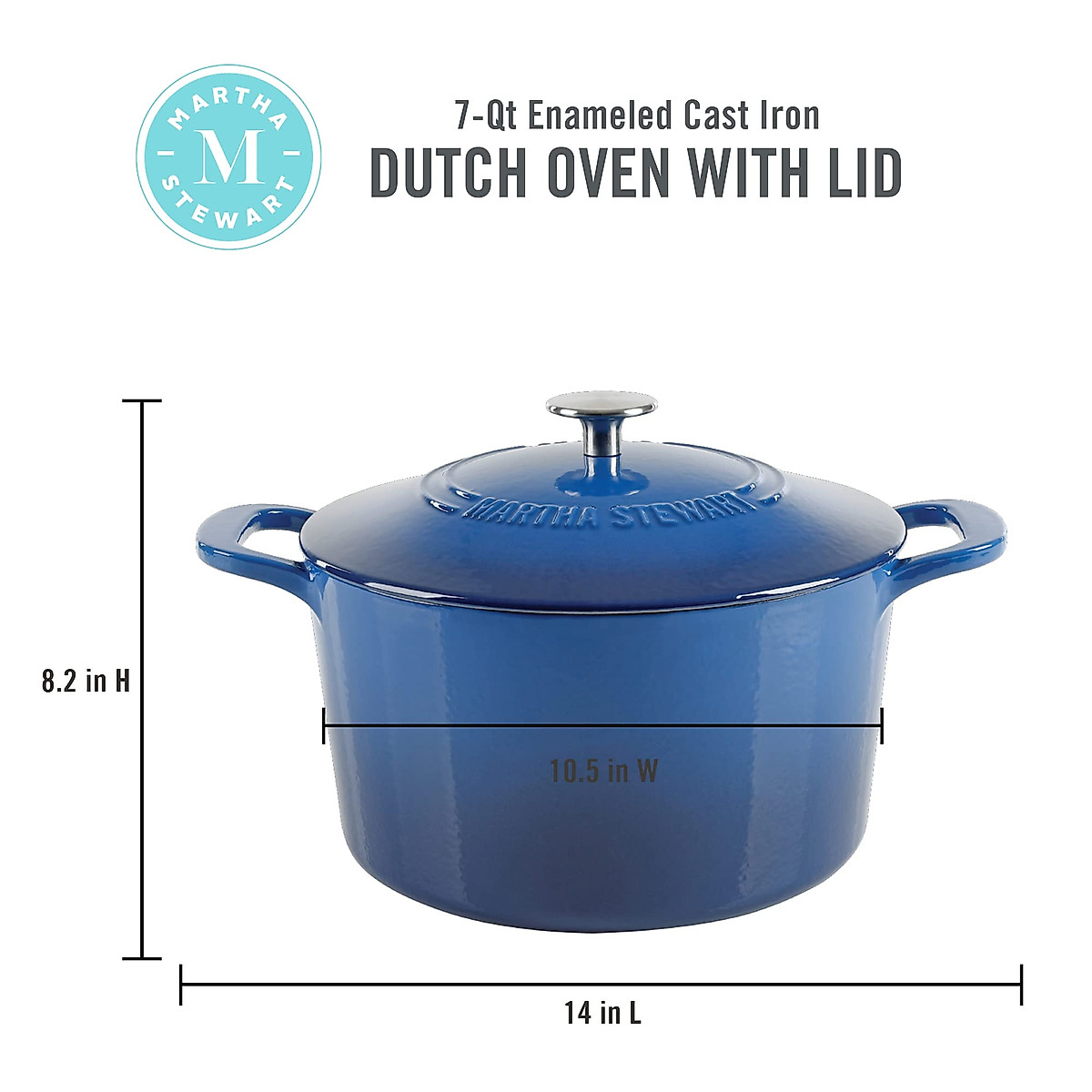 MARTHA STEWART Gatwick 7 QT Enamel Cast Iron Dutch Oven, Classic Blue