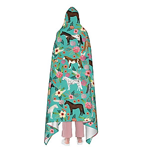 HIONHSW Horses and Flowers Hooded Blanket Anti-Pilling Flannel Wearable Blanket Hoodie-Plush Warm Blanket Throw Blankets Fit for Kids, Adults, Teens