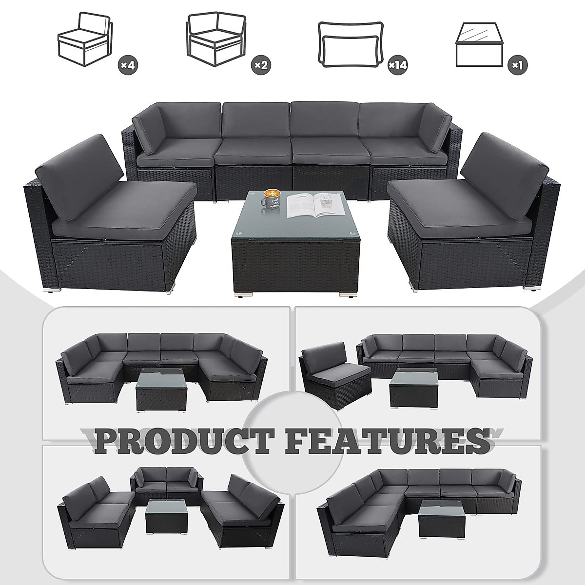 Betterland 7 Piece Outdoor Sectional Sofa Patio Furniture Set, All-Weather PE Rattan Wicker Patio Conversation Set with Washable Cushion and Glass Table(Grey)