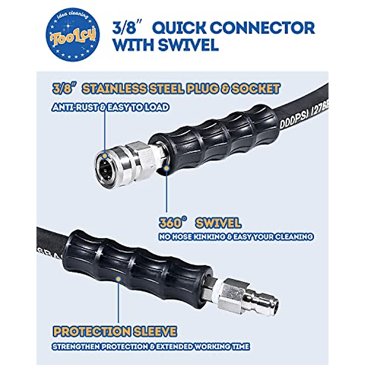TOOLCY 3/8" Pressure Washer Hose 4000 PSI X 50 FT, Stainless 3/8" Swivel QC Kink Resistant, 250℉ Hot Water Compatible Steel Wire Braided & Rubber Jacket, Easy Loading 3/8" NPT X M22-14mm Adapter Kits