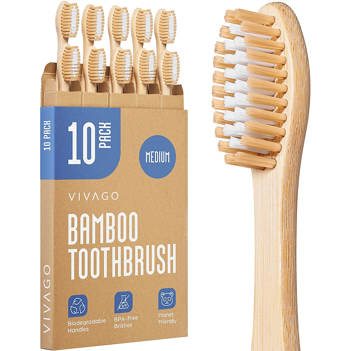 VIVAGO Bamboo Toothbrushes Medium Bristles 10 Pack - BPA Free Medium Bristles Toothbrushes for Adults | Eco-Friendly, Compostable & Biodegradable Toothbrush | Natural Wooden Toothbrushes