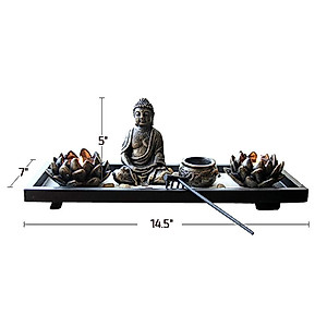 Royal Brands’ Zen Garden with Buddha, Rake, Tea Light Candle and Incense Holder - Peace and Tranquility (14.5"x5"x7")