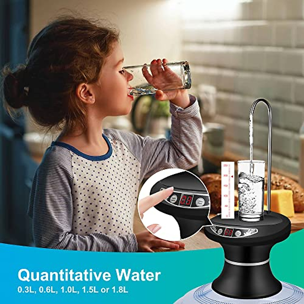 Drinking Water Dispenser Pump with Tray, Maypott Automatic Quantitative Water Pump for 1-5 Gallon Bottle Water Jugs, USB Rechargeable BPA-Free, Portable for Home Kitchen, Outdoor Camping (Black)