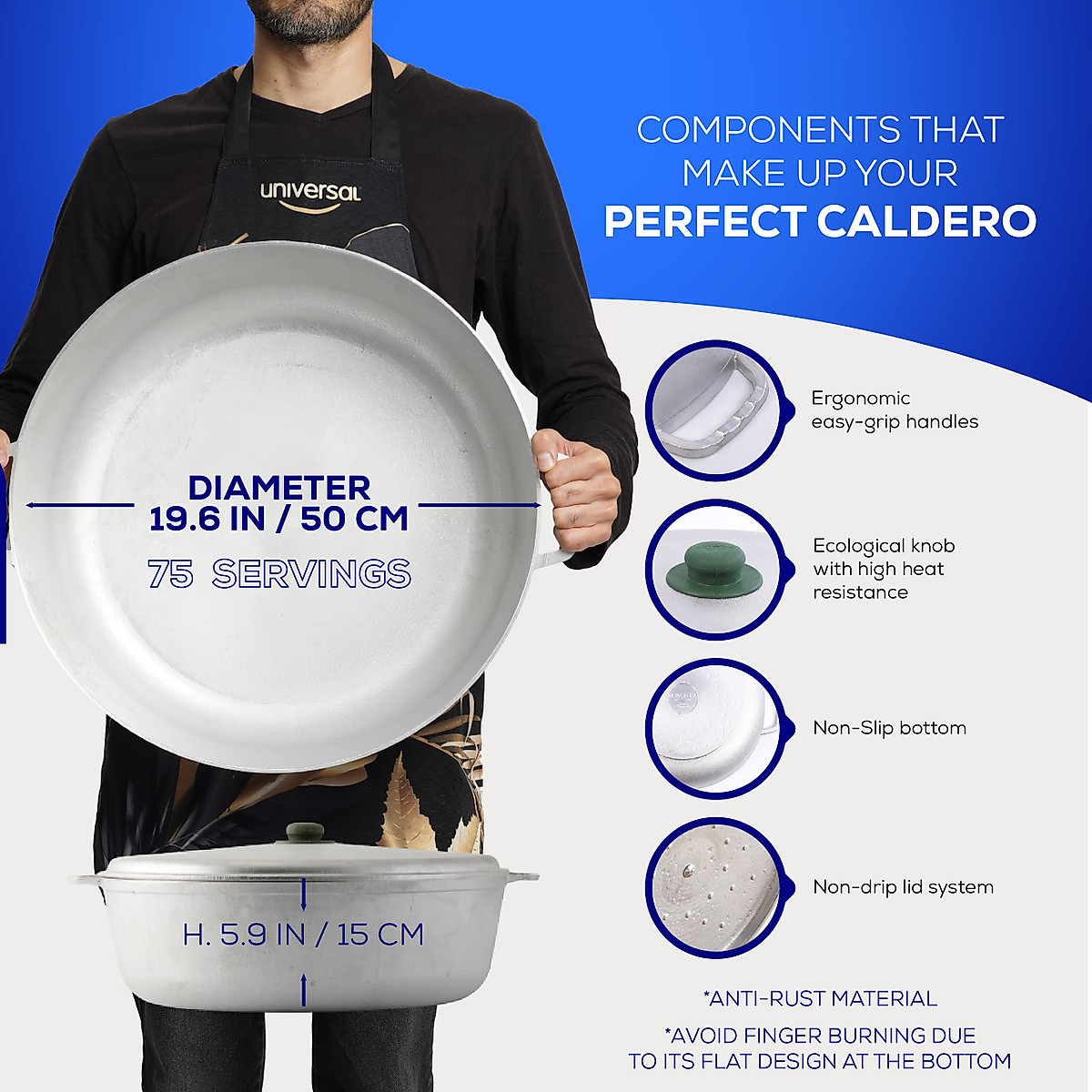 Universal Extra Large Caldero 75 Cups - 27.7 QT / 26.6 L, Stainless Aluminum Pot, Even Heat Distribution and Fast Cooking Dutch Oven Pot with Ergonomic Handles, Ideal for Rice, French Fries, and More