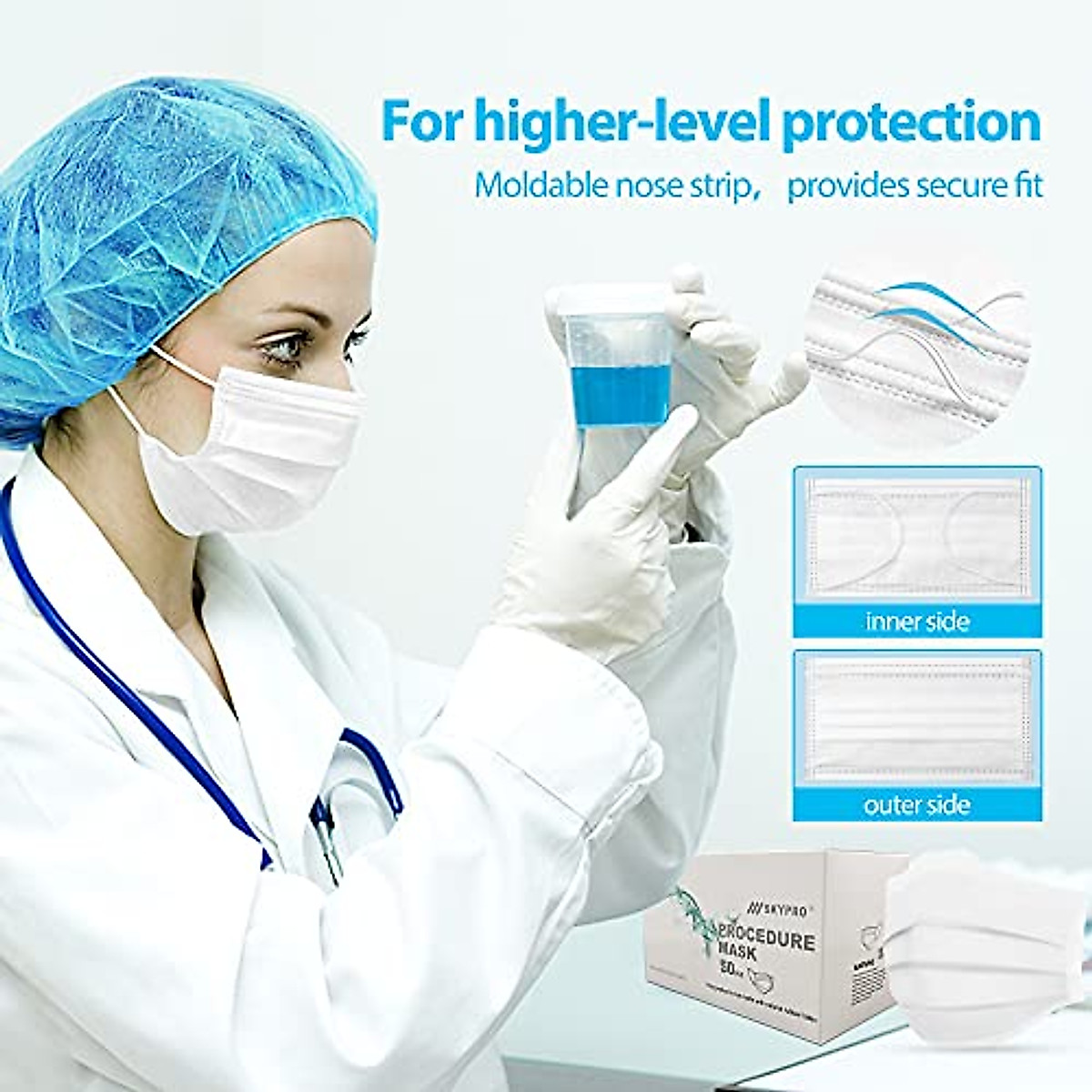 SkyPro 50PCS Medical Grade Procedure Masks, Adult 3 Ply Disposable Hypoallergenic White Face Masks with Elastic Ear Loop Filter Efficiency Greater than 99% Breathable for Hospital