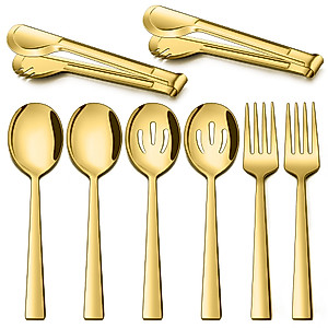 LIANYU Gold Serving Utensils Set of 8, Stainless Steel Serving Spoons, Slotted Spoons, Serving Forks, Metal Tongs for Kitchen Buffet Party Banquet Entertaining, Mirror Finished, Dishwasher Safe