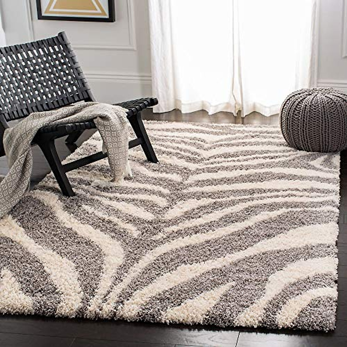 SAFAVIEH Portofino Shag Collection 6'7" Square Ivory/Grey PTS215A Zebra Abstract Non-Shedding Living Room Bedroom Dining Room Entryway Plush 2-inch Thick Area Rug