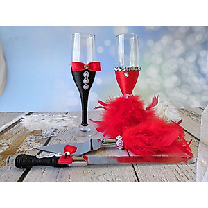 Abbie Home Bride and Groom Wedding Champagne Toasting Flute - Mr Mrs Wine Glasses Wedding Toasting Glasses with Feather Dress Red Suit Rhinestone, Set of 2 (Glass Set)