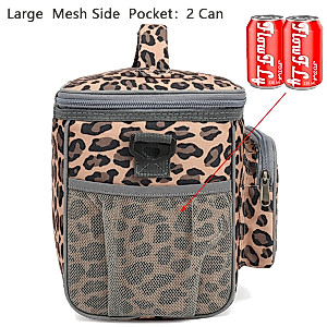 FlowFly Insulated Reusable Lunch Bag Adult Large Lunch Box for Women and Men with Adjustable Shoulder Strap,Front Zipper Pocket and Dual Large Mesh Side Pockets, Leopard