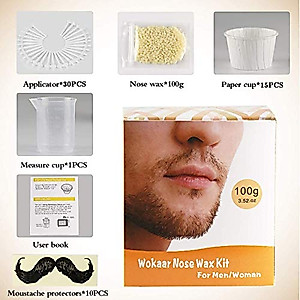 Nose Wax Kit, 100g Wax, 30 Applicators. Nose Ear Hair Instant Removal Kits from Wokaar (15-20 Times Usage).Nasal Waxing Kit for Men and Women, Safe Easy Quick & Painless.10 Mustache Guards