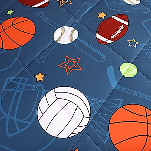 lwfushi Sports Comforter Set Blue Ball Bedding Set Full Size Baseball Basketball Soccer Tennis Bed Set for Teens Kids (1 Comforter,1 Flat Sheet,1 Fitted Sheet,2 Pillowcase and 2 Pillow Sham)