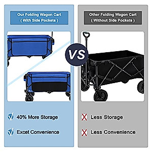 Mdeam 240L Collapsible Foldable Wagon, Heavy Duty Folding Utility Cart with Big All-Terrain Beach Wheels, Cup Holders, Side Pockets and Adjustable Handle for Camping, Garden, Sports, Shopping (Blue)