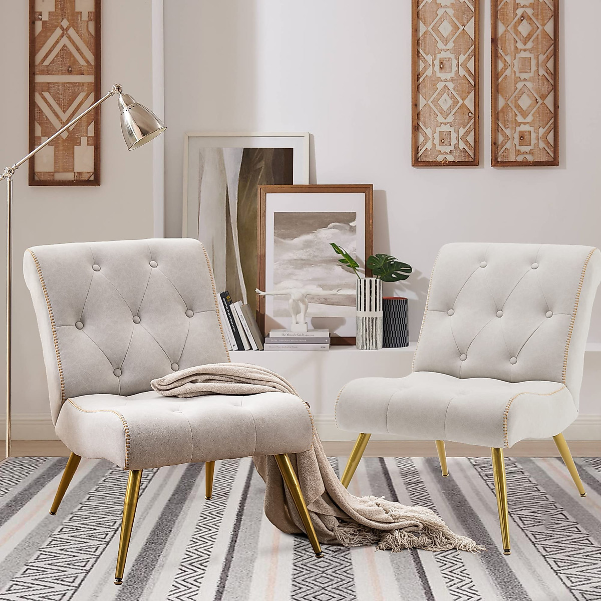 ALISH Modern Accent Chairs, Upholstered Living Room Chairs Armless Accent Chairs Lounge Chairs for Living Room Bedroom with Metal Legs Beige