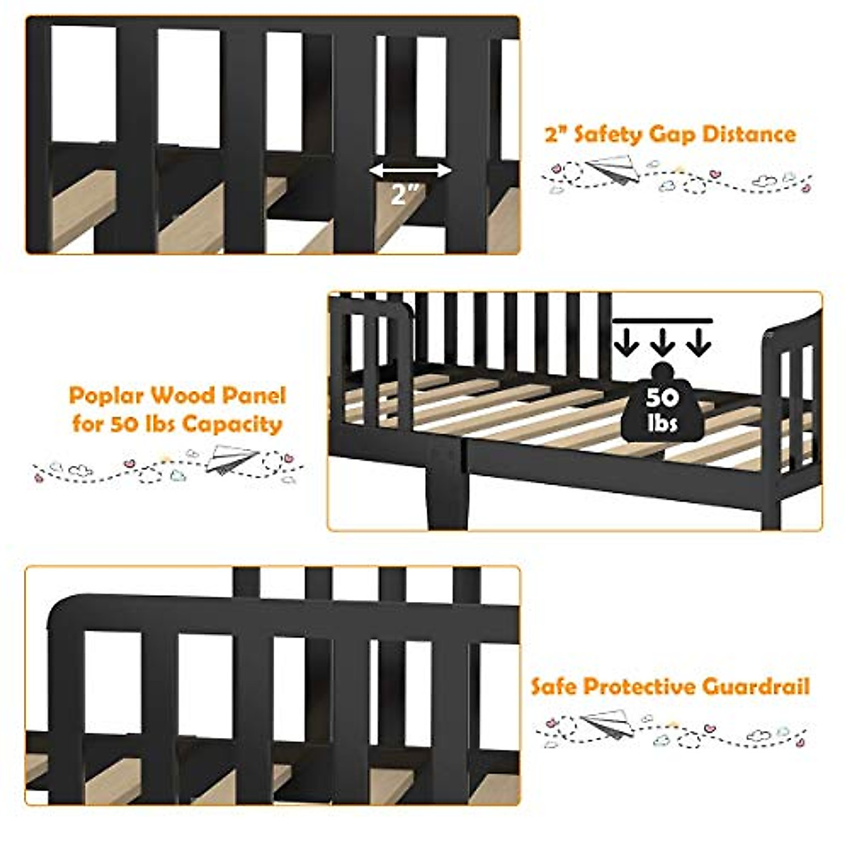 Costzon Toddler Bed, Classic Wood Kids Bed Frame w/Double Safety Guardrail, Low to Floor Design, Wooden Slat Support, Fits Full Size Crib Mattress, Bedroom Furniture for Boys & Girls (Black)