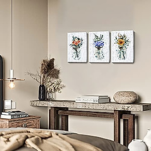 Rustic Flower Canvas Wall Art for Living Room 3 Piece Floral Bouquet in Vase with Rope Love Home Life Theme Inspirational Artwork Framed Botanical Print for Home Bedroom Bathroom Farmhouse,12x16inch