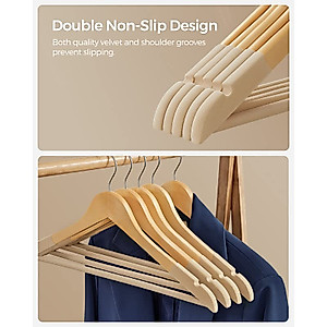 SONGMICS Velvet Wooden Hangers, Set of 20 Wooden Hangers with Velvet Surface, Non-Slip Coat Hangers with Shoulder Grooves, Pants Bar, 360° Swivel Hook, for Jackets Shirts, Natural UCRW012N02