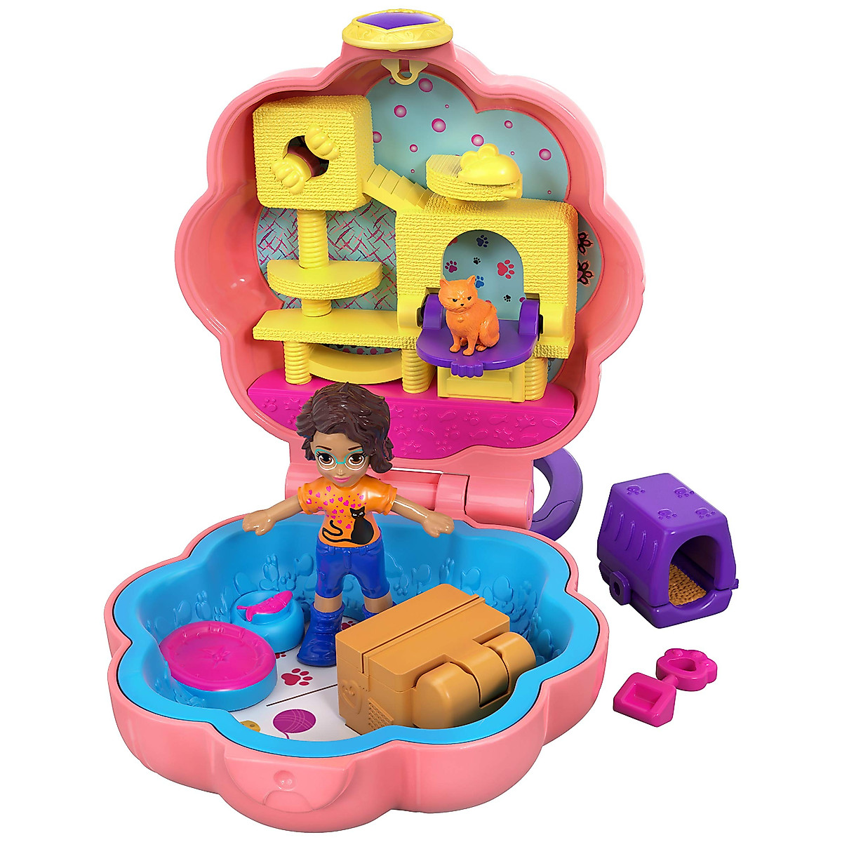 Polly Pocket Tiny Pocket Places Purrfect Playhouse Compact with 2 Reveals, Accessories, Micro Shani Doll, Captain Cobblywobbles Pet & Sticker Sheet