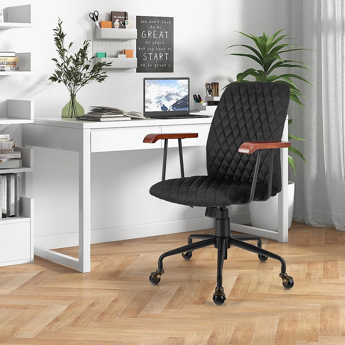 Giantex Home Office Desk Chair Black, Vintage Adjustable Swivel Rolling Chair with Copper Wheels & Armrest, Mid Century Leisure Chair, Velvet Upholstered Computer Chair for Work, Study