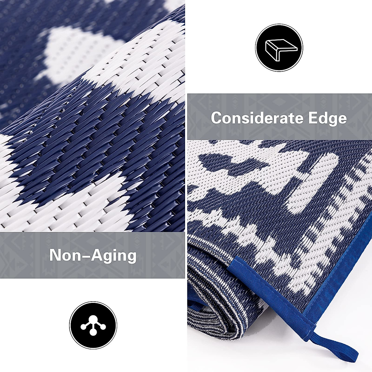Carvapet Outdoor Reversible Rugs Waterproof Plastic Straw Area Rug Portable Non Slip Bohemia Style PP Mat for Picnic, RV, Patio, Camping, Decking, Trailers, Navy&White, 5’x8’