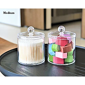 Qtip Holder Storage Organizer Set, 4 Pcs Clear Plastic Apothecary Jar with Lid, Bathroom Organizer Canister for Cotton Ball, Cotton Swab, Cotton Round Pads, Floss, Bath Bombs, Spa Salts, Powder Puffs