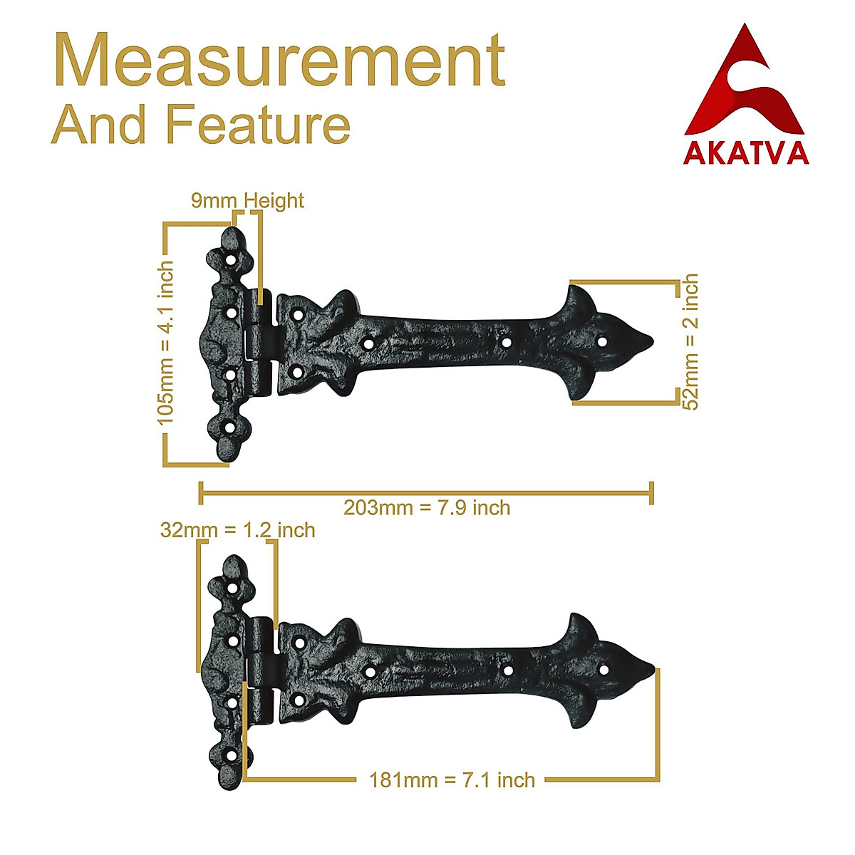 Akatva Doorbell Button with T Hinge Set – 2 Pieces Gate Hinges for Wooden Fences Heavy Duty – Bell Push Button – Doorbell Button Wired – Barn Hinges for Doors – Black Hinges – Antique Copper Finish