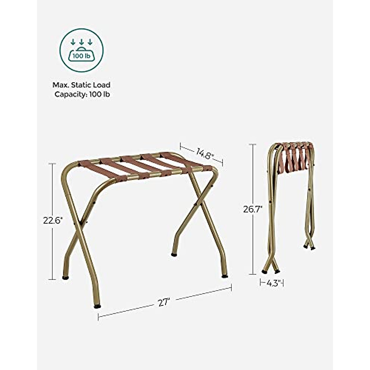 SONGMICS Luggage Rack, Luggage Rack for Guest Room, Suitcase Stand, Steel Frame, Foldable, for Bedroom, Golden URLR064A01
