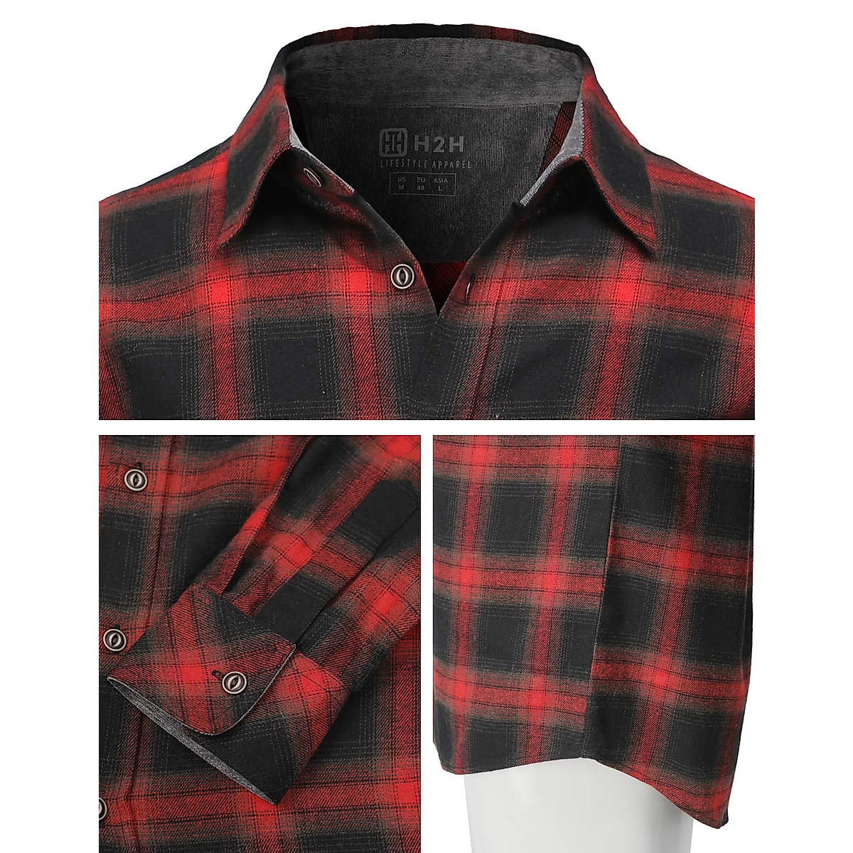 H2H Mens Casual Slim Fit Check Patterned Shirts Long Sleeve REDBLACK US S/ASIA M (CMTSTL144)