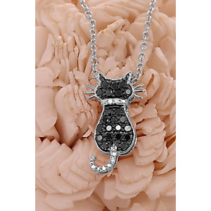 Dazzlingrock Collection 0.40 Carat (ctw) Round Black and White Diamond Kitty Cat Feline Animal Pendant | 10K White Gold