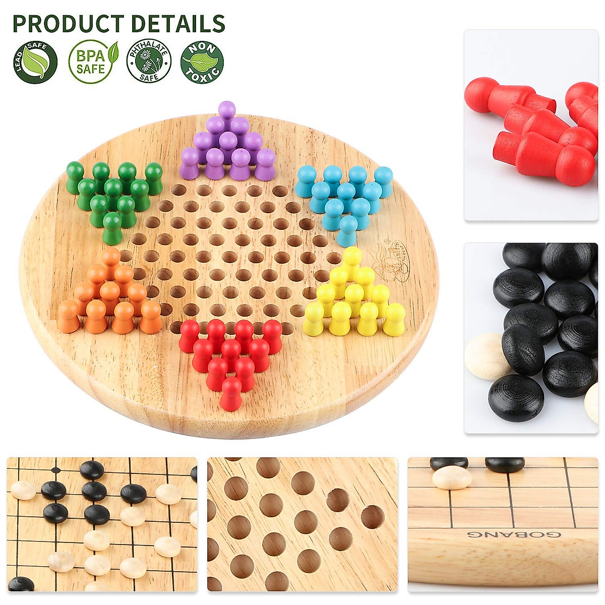Wondertoys Wooden Chinese Checker Game for Kids 2 in 1 Chinese Checkers & Gobang (Five in a Row) Wooden Board Game Family Board Game Combo Set